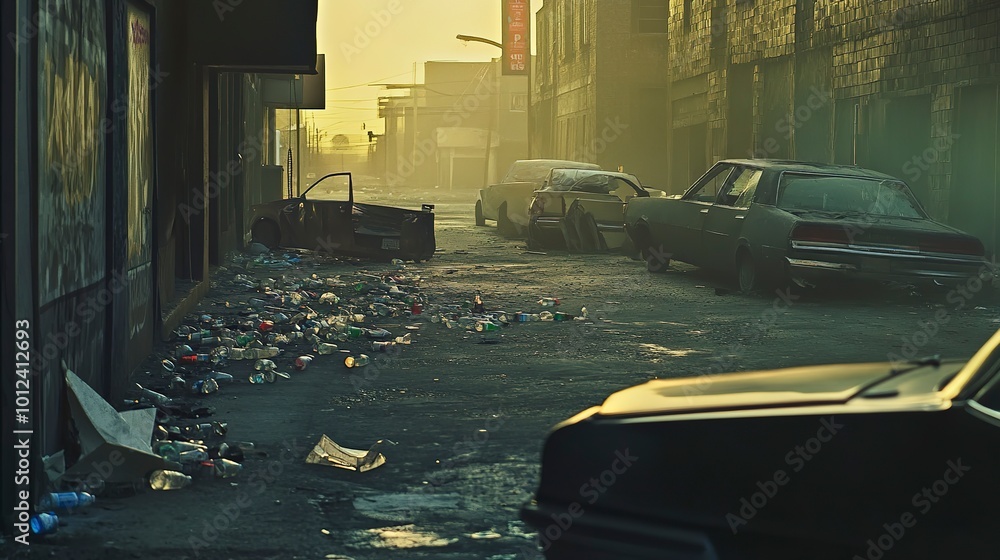 desolate street scene at dawn filled with garbage and plastic bottles ...