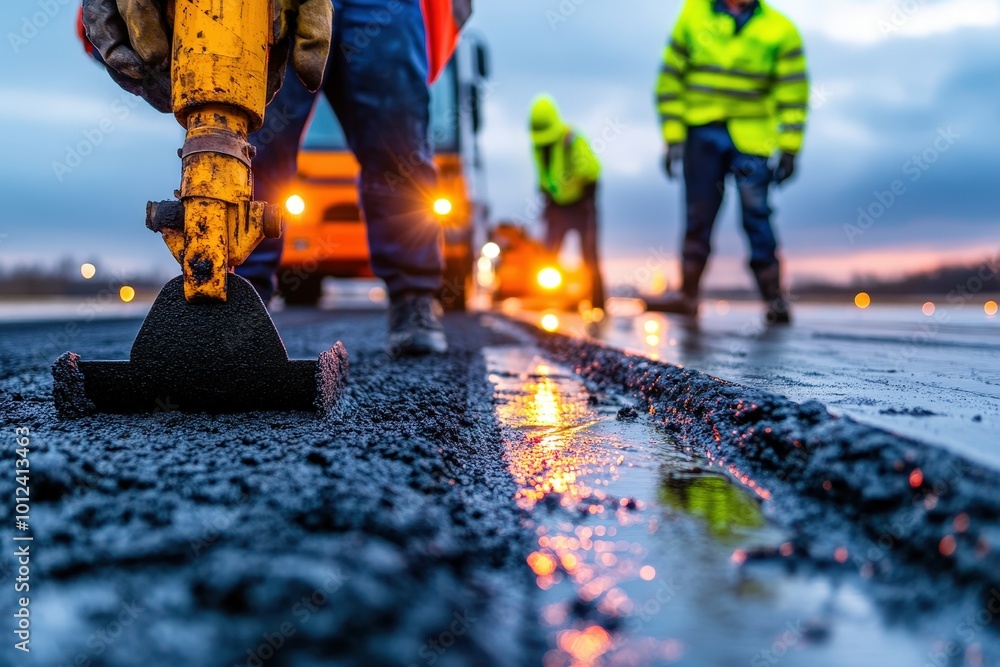 Construction workers using equipment to pave an airport runway in ...