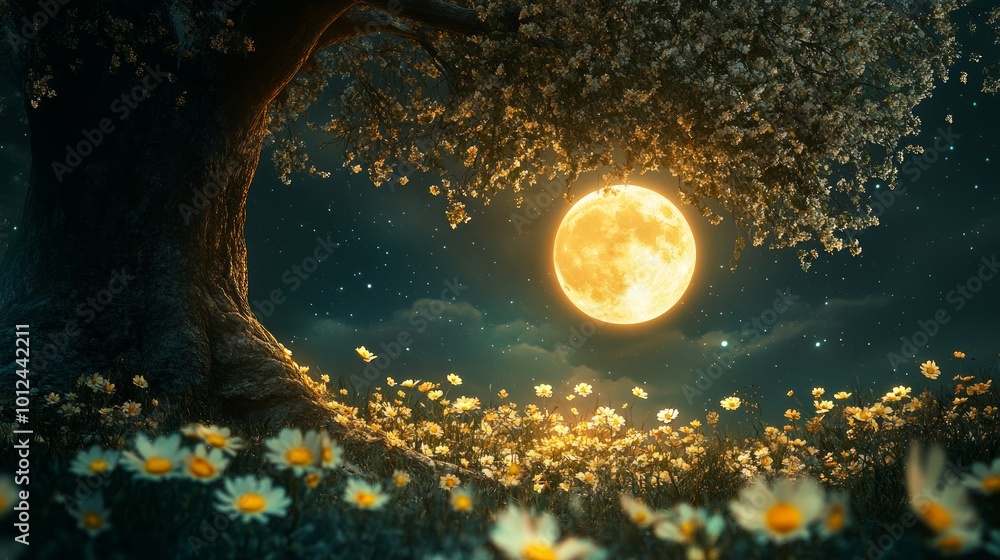 A full moon shines brightly over a field of daisies, illuminating the ...