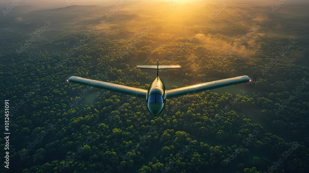 light green aircraft soaring high above a lush forest symbolizing ...