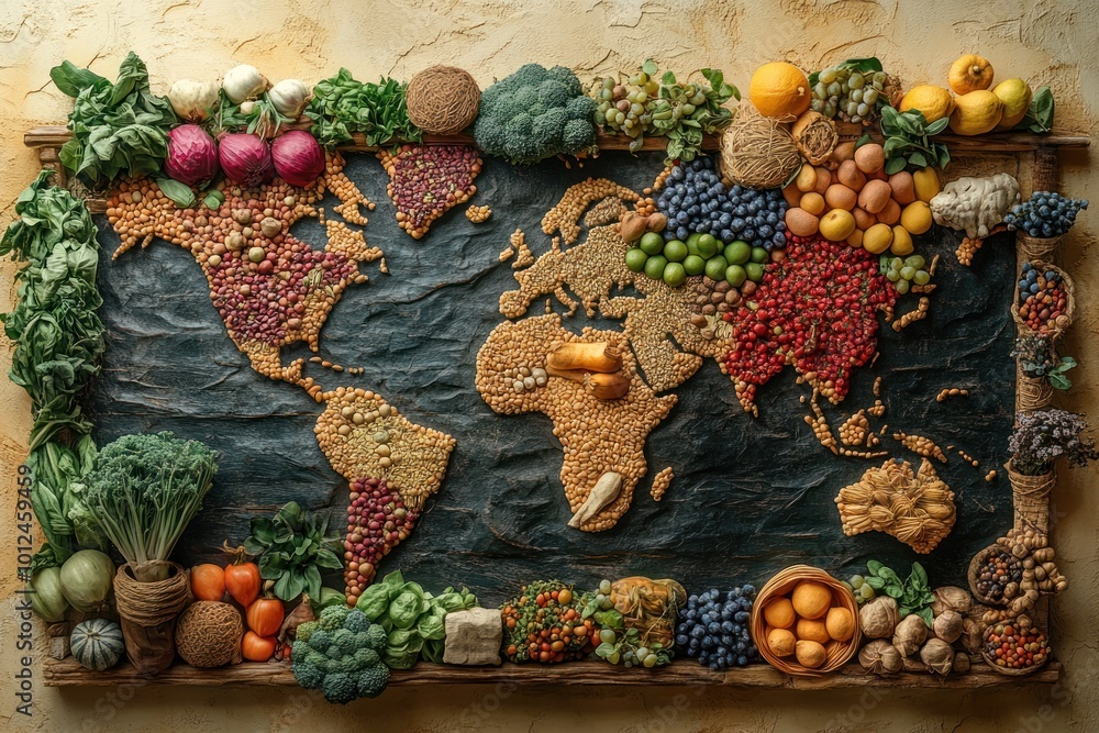 A world map made of various foods and spices, representing the diverse ...