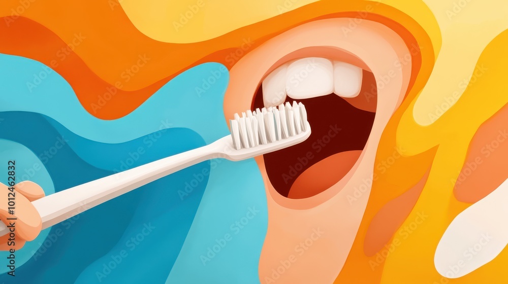 An artistic portrayal of a person brushing teeth with vibrant, wavy ...