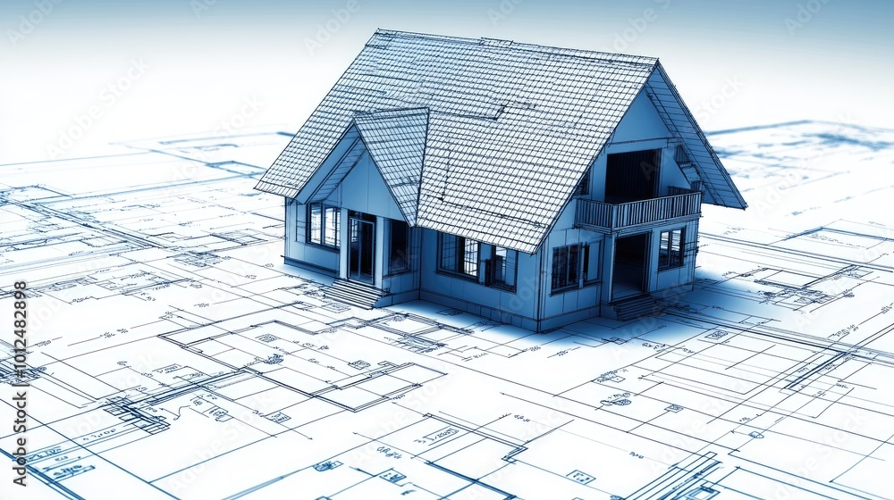 Transparent 3D blueprint of a house, highlighting internal and external ...