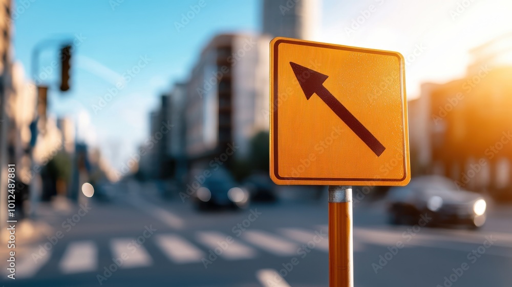 An orange road sign with an upward arrow indicating direction, set ...