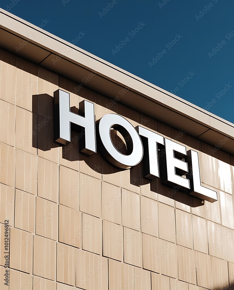 Hotel exterior with a sign HOTEL on the building facade and a blue sky ...