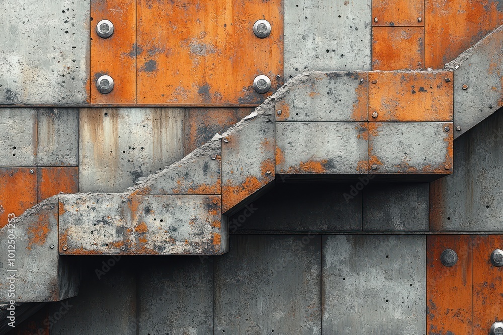 Concrete stairs leading up to a wall made of metal plates, some rusted ...