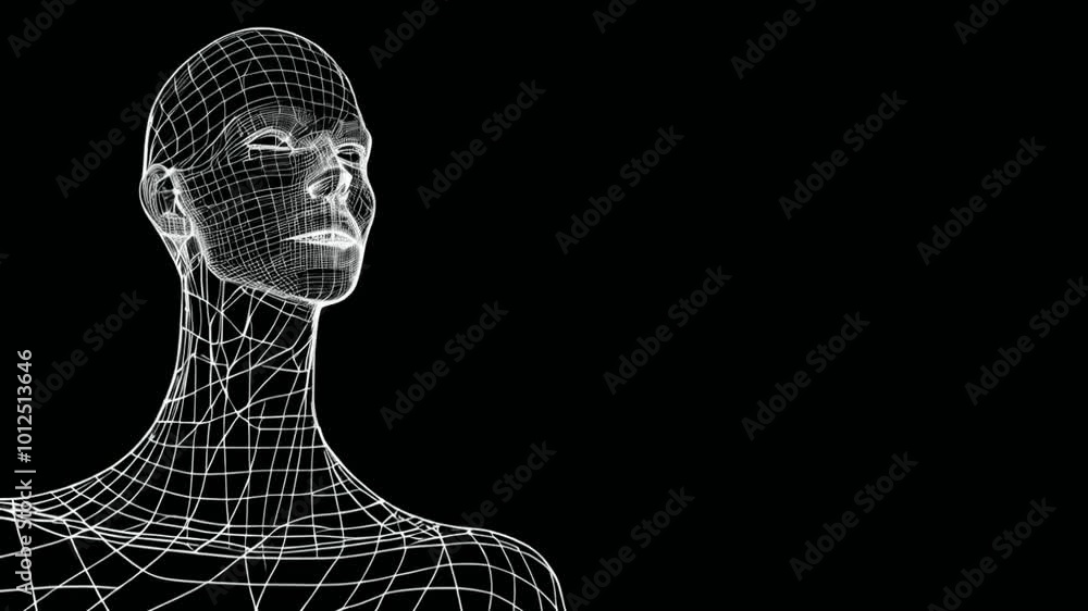 A 3D wireframe model of a human head, showcasing a digital ...