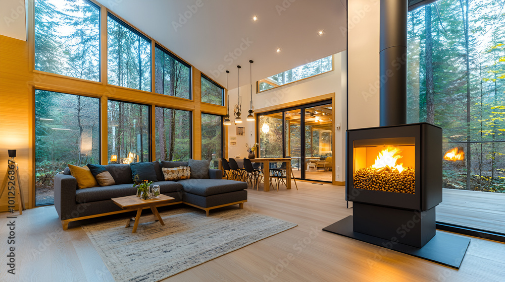 Cozy living room with a modern pellet stove burning wood pellets ...