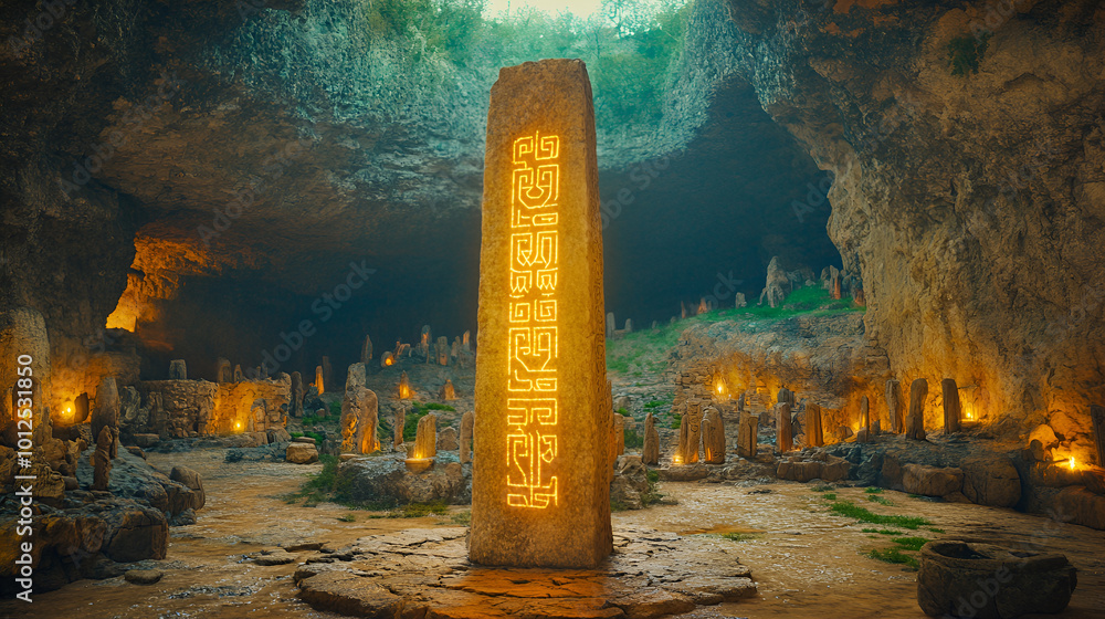 Ancient stone pillar with glowing runes in a mystical underground cave ...