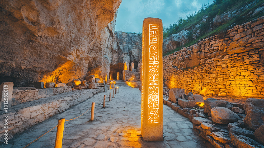 Ancient stone pillar with glowing runes in a mystical underground cave ...