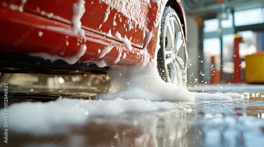 The image showcases a red car with soapy water sliding down its side ...