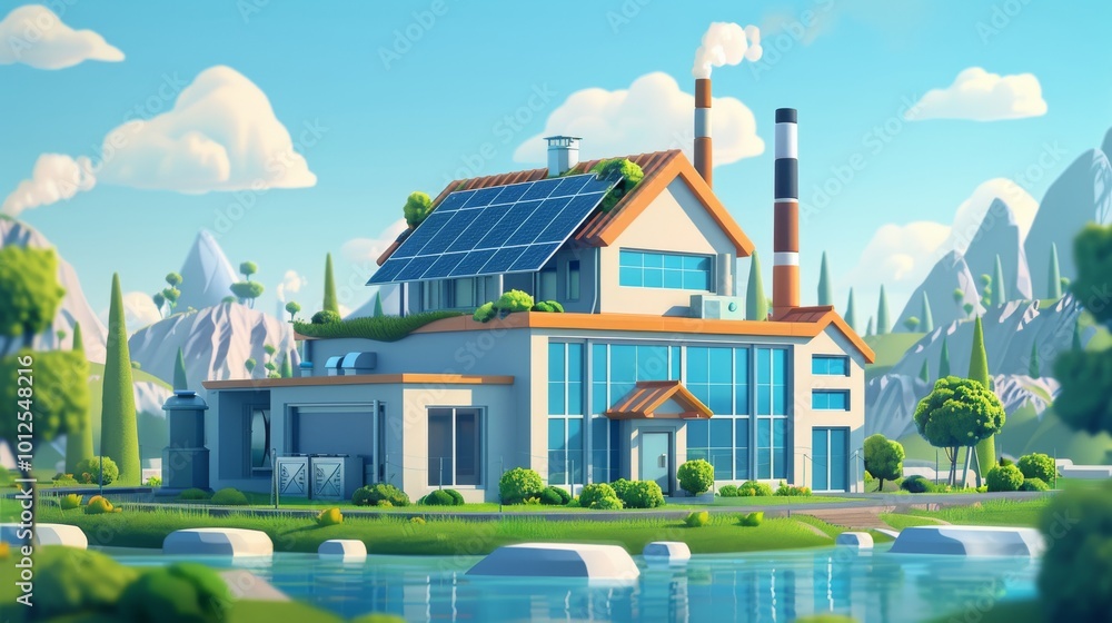Eco-friendly cartoon vector power plant with solar cells covering the ...