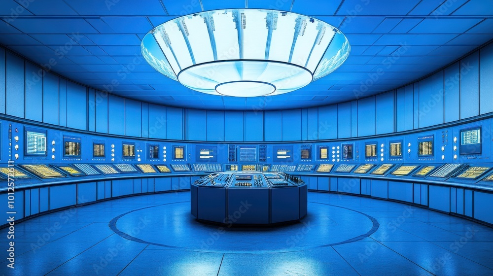 Electric voltage control room with futuristic dials and monitors Stock ...