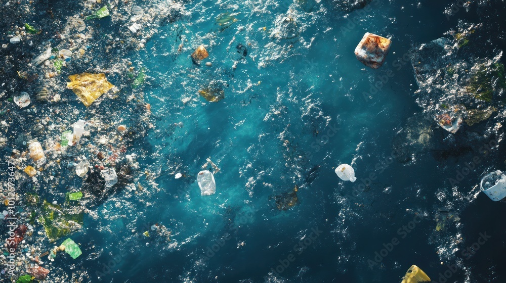 Plastic debris floating in the ocean, forming a massive garbage patch ...