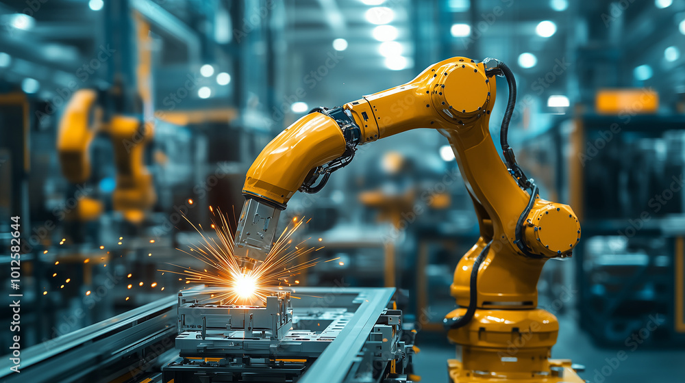 A yellow robotic arm performing precision welding in a high-tech industrial factory, showcasing ...
