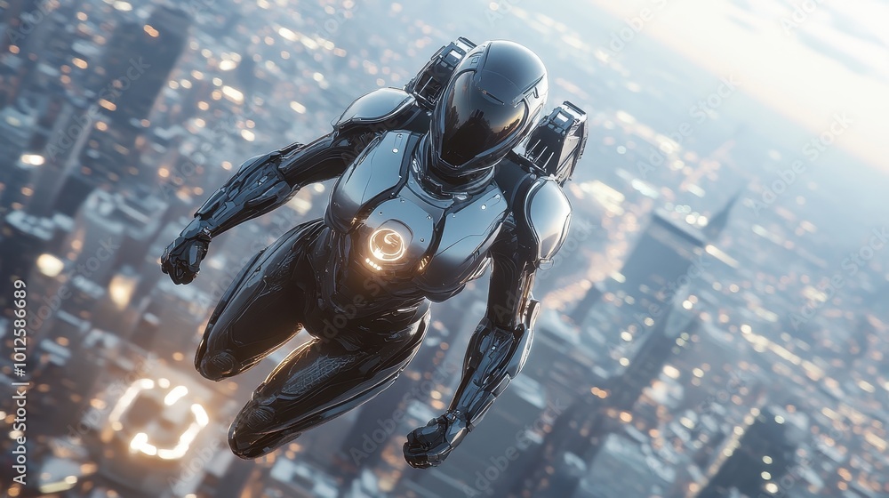 A flying robot or cyborg woman in a superhero iron suit. Robotic girl ...