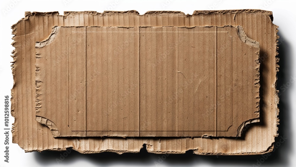 A piece of torn cardboard with rugged edges placed on a plain white ...