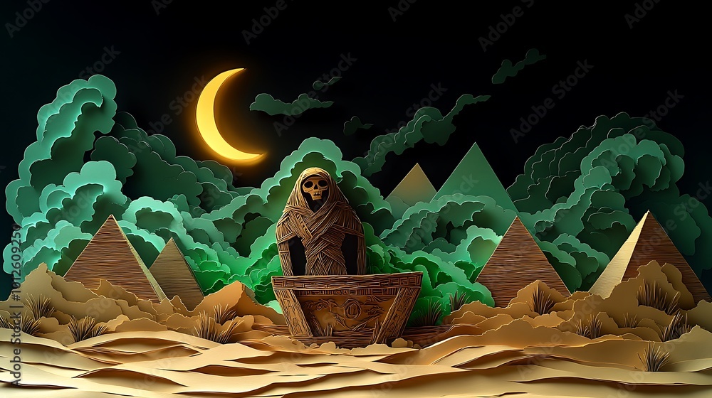 A mummy rising from a cracked sarcophagus in a desert tomb, paper-cut ...