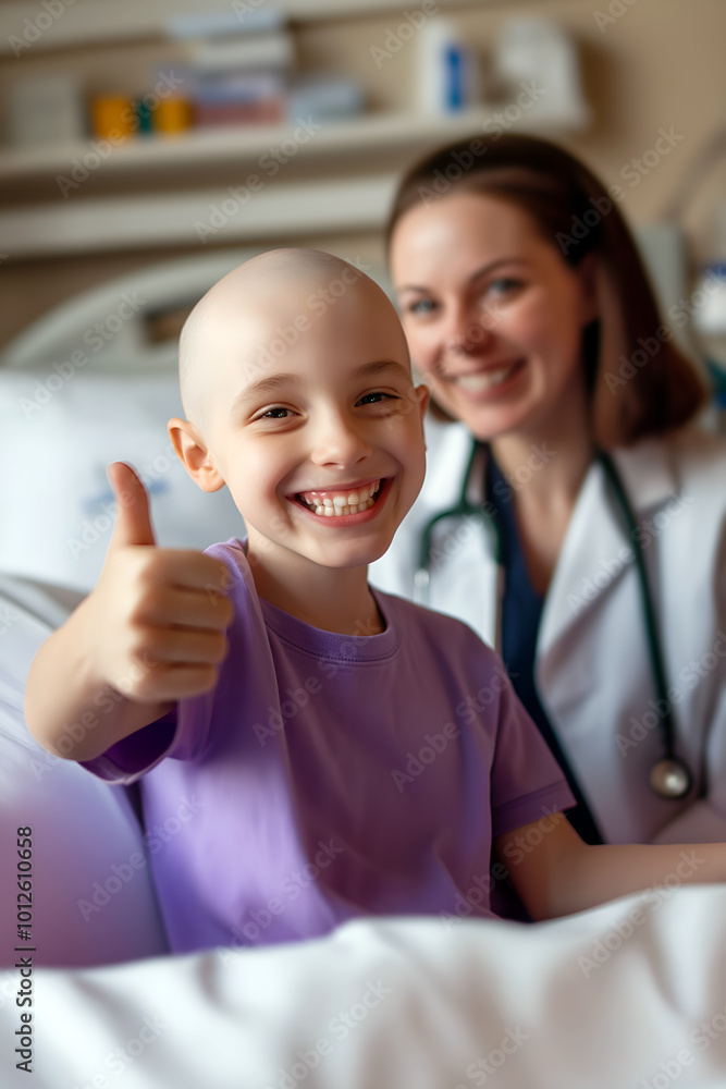Smiling child cancer patient lying in hospital bed giving thumbs up ...