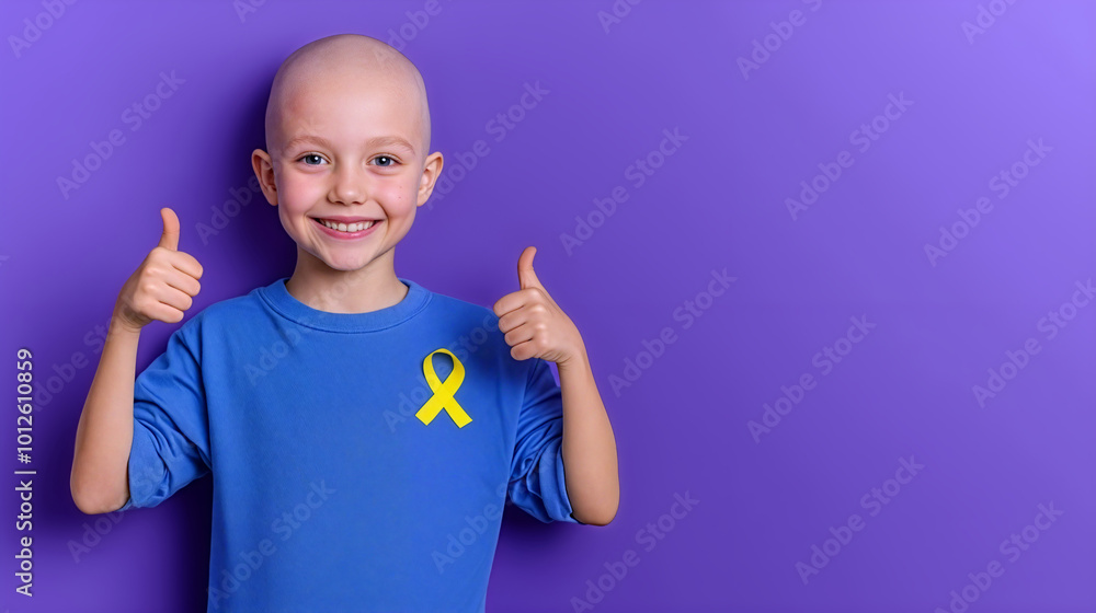 Smiling child cancer patient with yellow ribbon on chest. Happy bald ...
