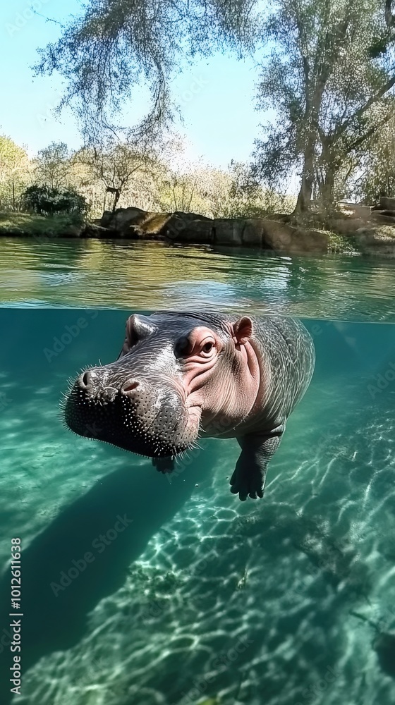 A long camera shot captures the entire body of a pygmy hippo swimming ...