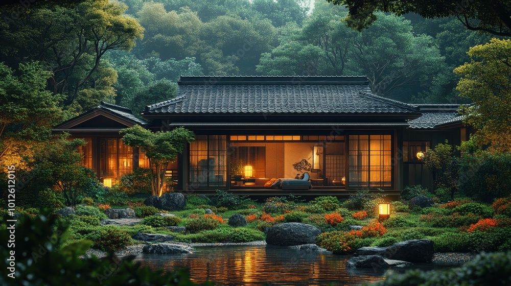 A traditional Japanese home with a yokai peering through the paper ...