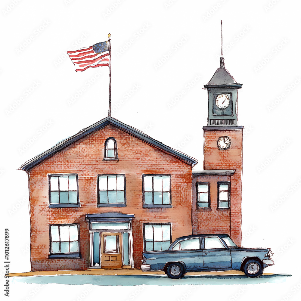 Watercolor, simple clipart of a small town hall with a clock tower and ...