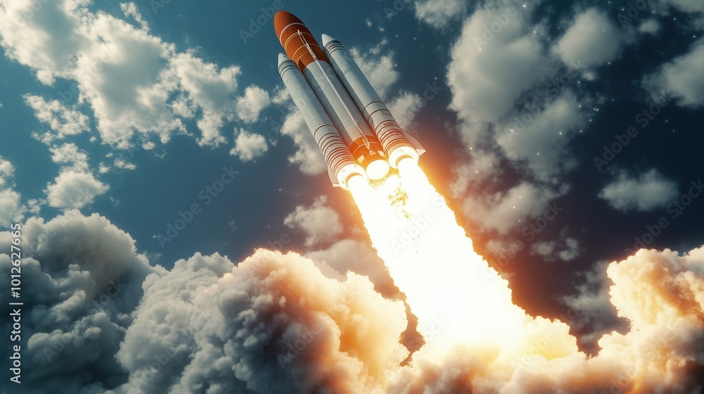 Realistic 3D render of a space rocket taking off, showcasing the ...