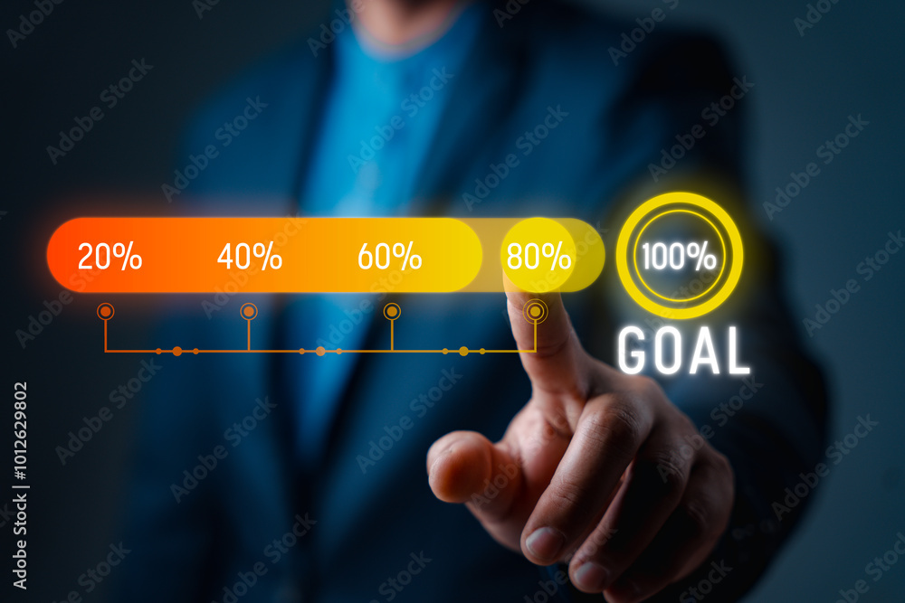 Business person touches a progress bar showing percentages from 20% to ...
