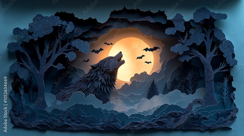A werewolf howling under a glowing full moon, paper-cut style, fog ...