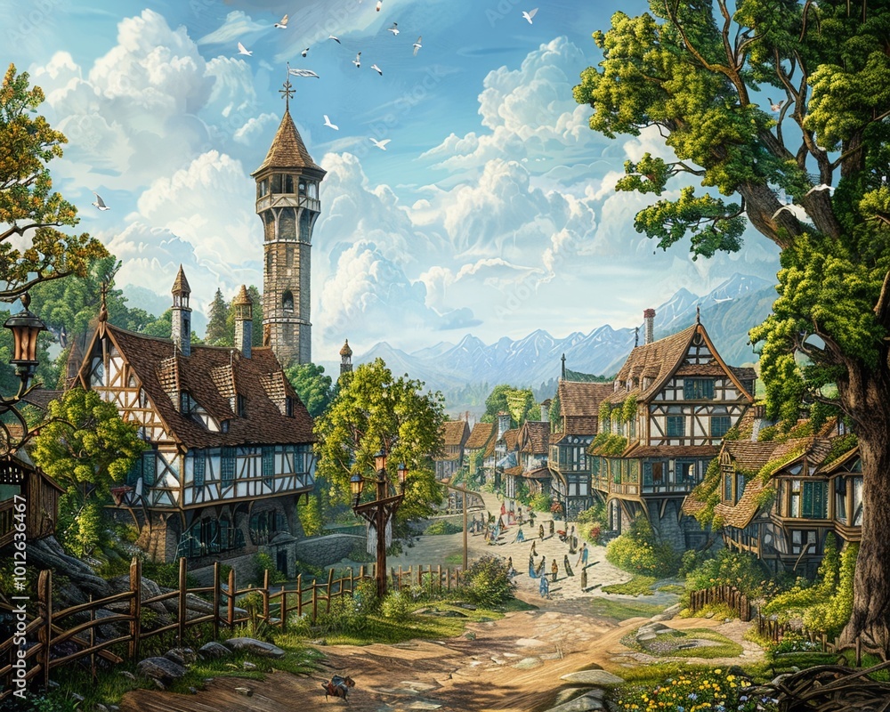 Medieval town square with a gallows and public gathering, medieval era ...