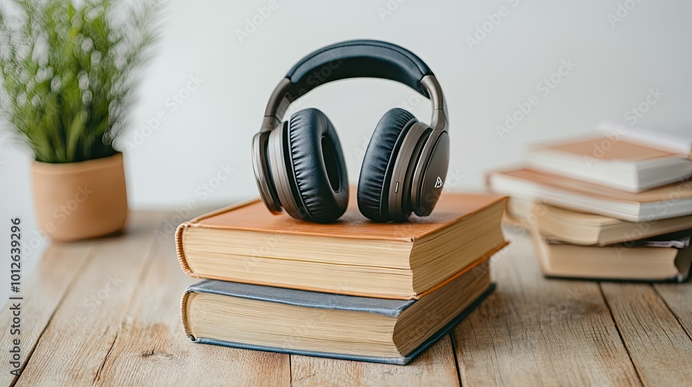 A stack of books with wireless headphones placed on top, creating a ...