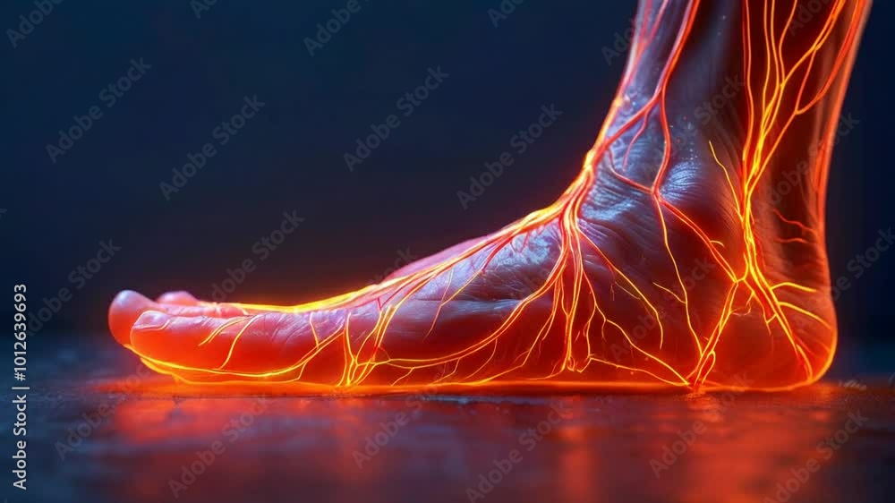 A glowing anatomical representation of a foot showcasing veins and ...
