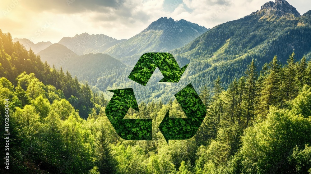 A striking recycle symbol overlaying a breathtaking view of green pine ...