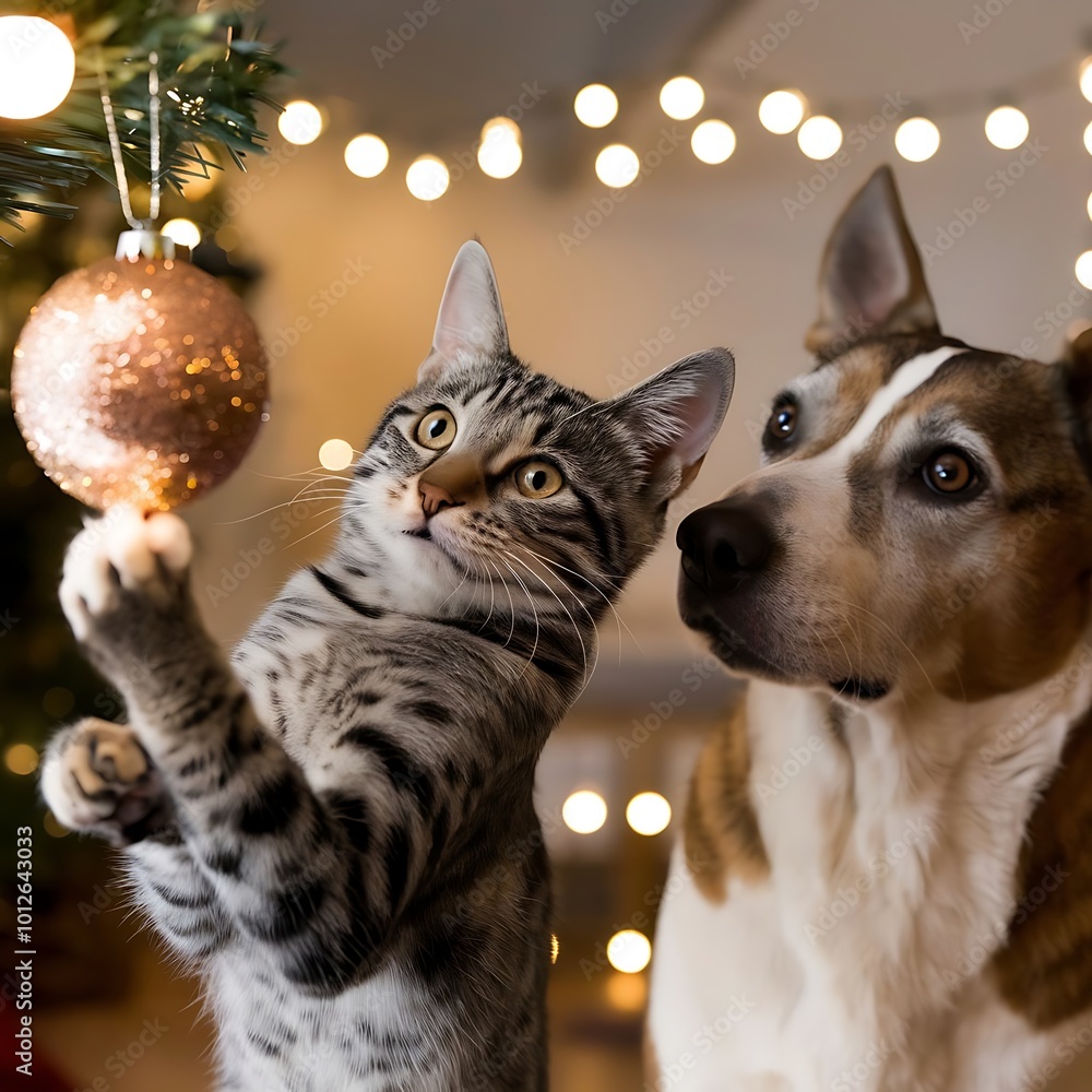 Feliz Navidad perro y gato árbol de Navidad calligraphic merry ...