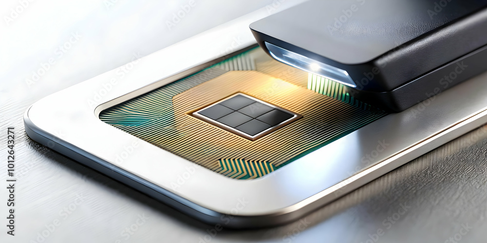Macro Image of a Credit Card Chip Being Scanned by a Futuristic Reader ...