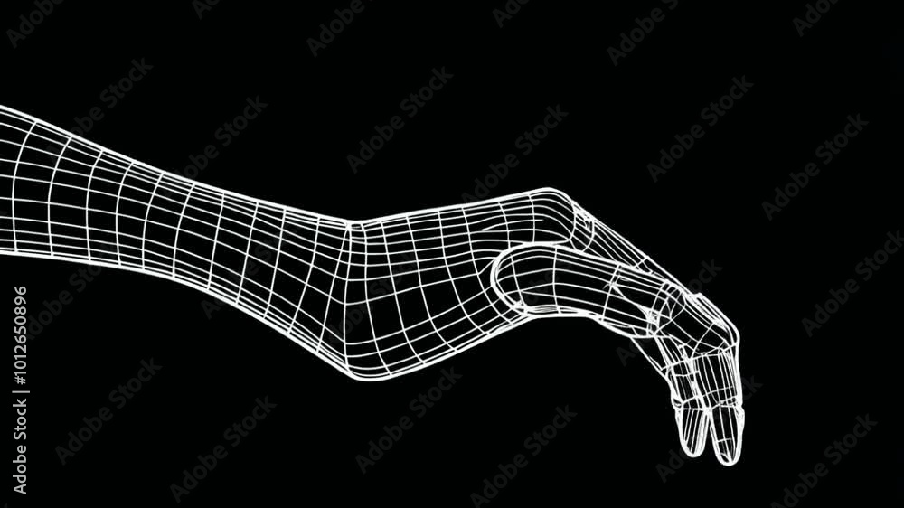 A wireframe representation of a hand in a reaching position against a ...