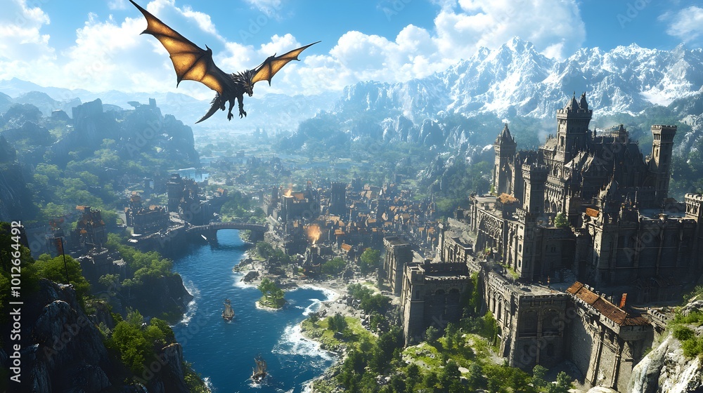 A hyper-realistic medieval fantasy world with towering stone castles ...