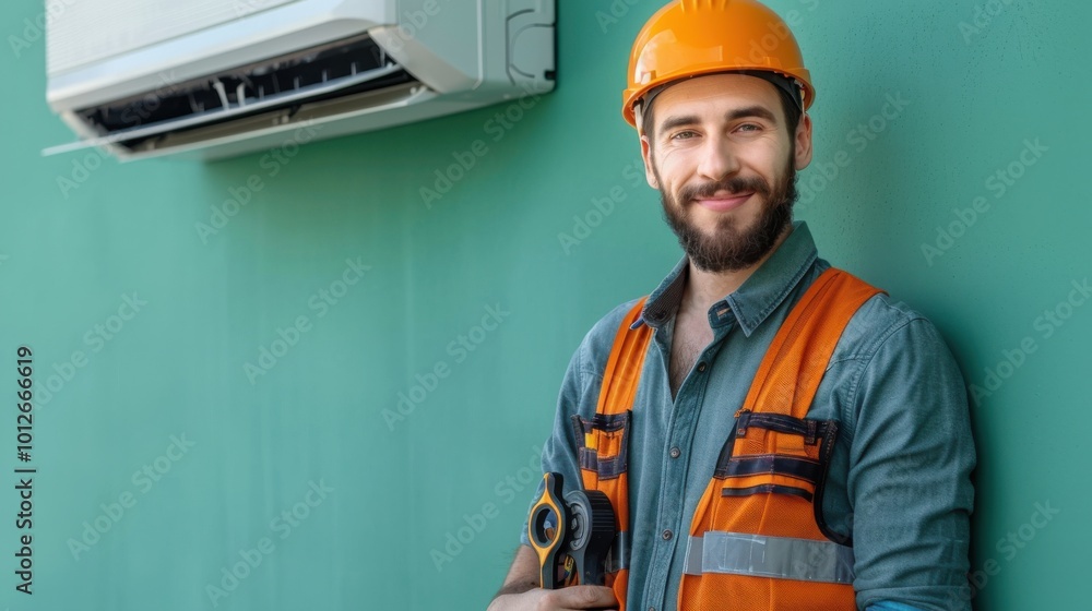 Air conditioner repairman holding a set of tools, standing confidently ...