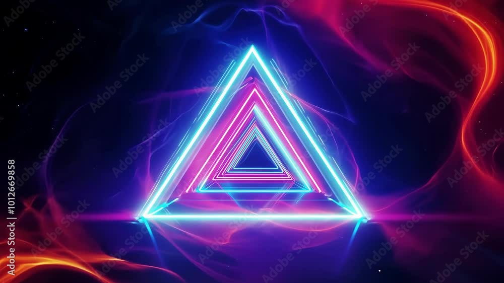 Continuous animation featuring a neon triangle moving through a nebula ...