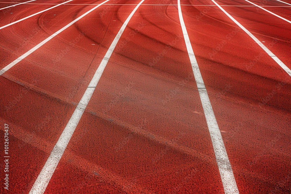 Laneless track and field course Red track with white markings side view ...