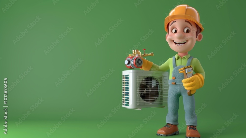 Smiling 3D anime air conditioner repairman in uniform, holding AC unit ...