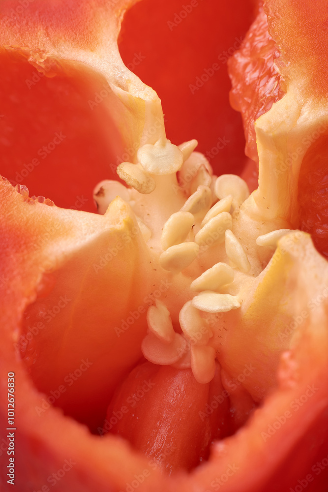 seeds of cut slice red bell pepper in close-up macro view, inside of ...