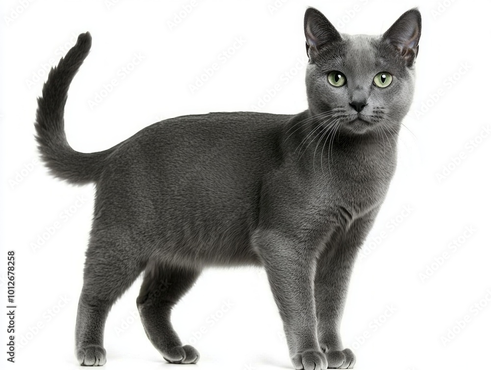 elegant Russian Blue cat showcases its sleek, silver-gray fur and ...