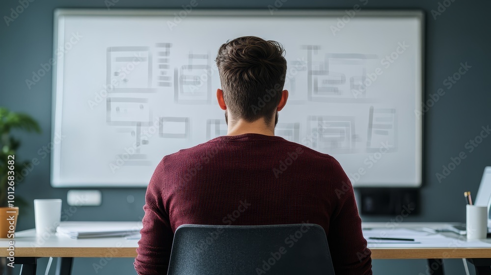 Team of developers in a meeting room with whiteboard sketches of a ...