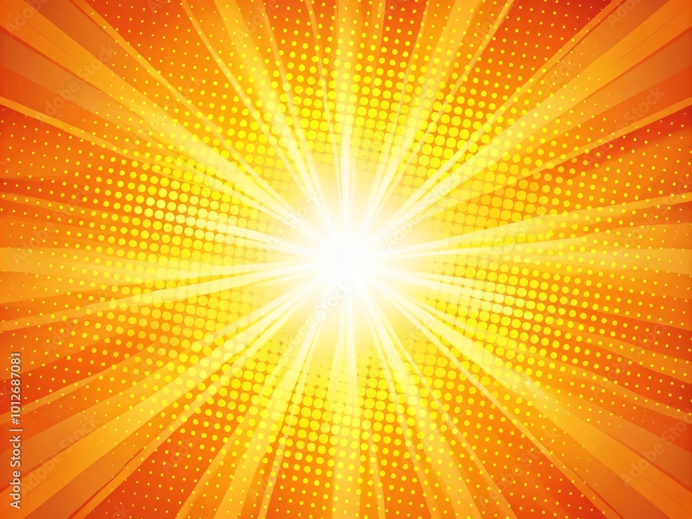 Bright and energetic summer orange sun rays with a halftone background ...