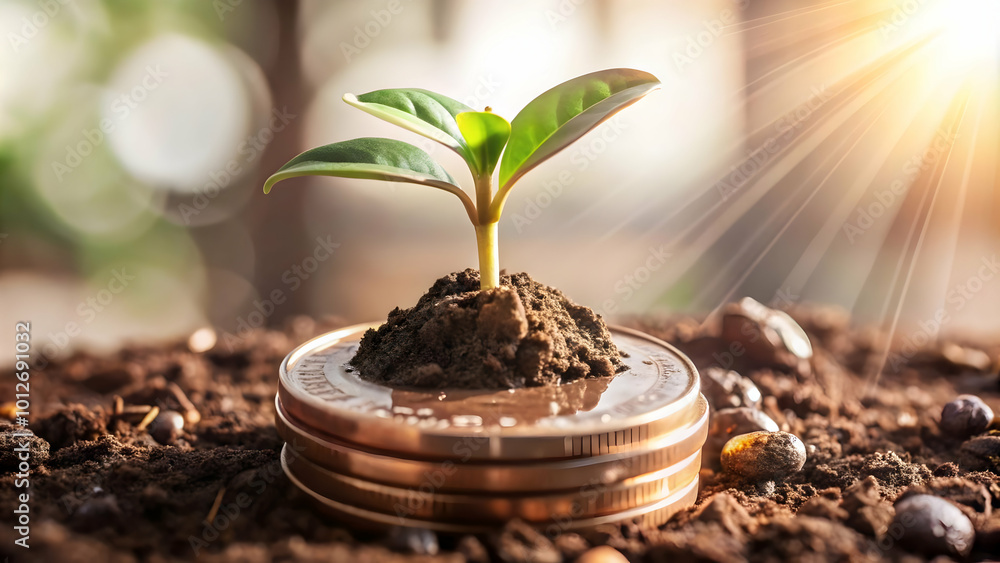 Flat Flying Seedling Growing from Coin concept as A coin floats mid air ...