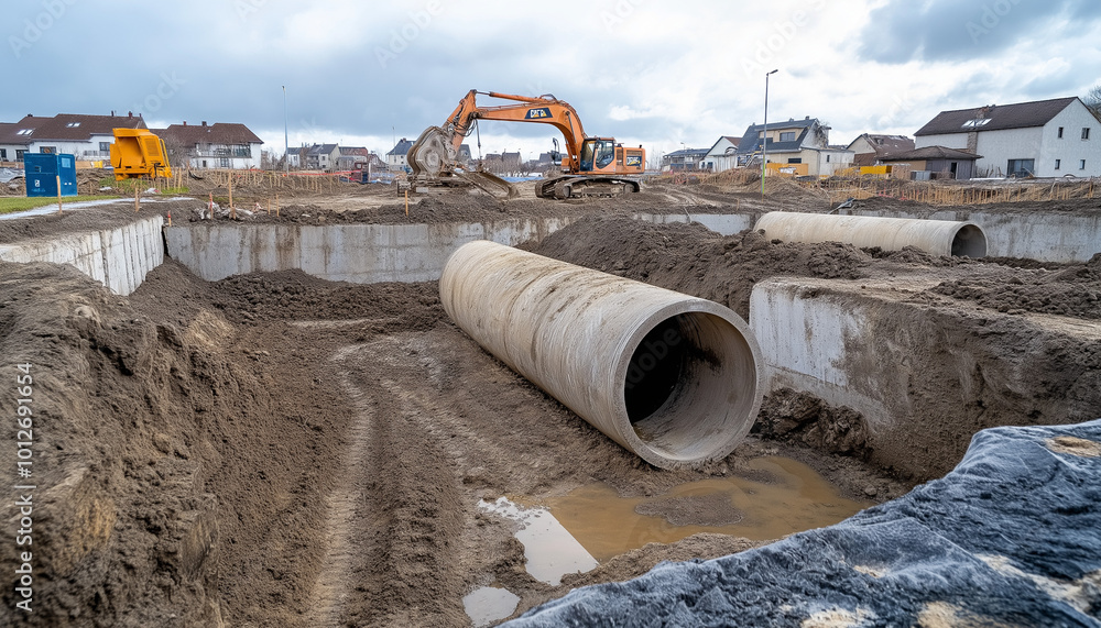 Concrete drainage pipe system installation on road sides for urban ...