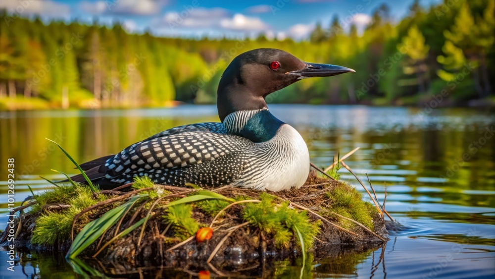 Common Loon Gavia immer nesting in Muskoka, Ontario showcases the ...
