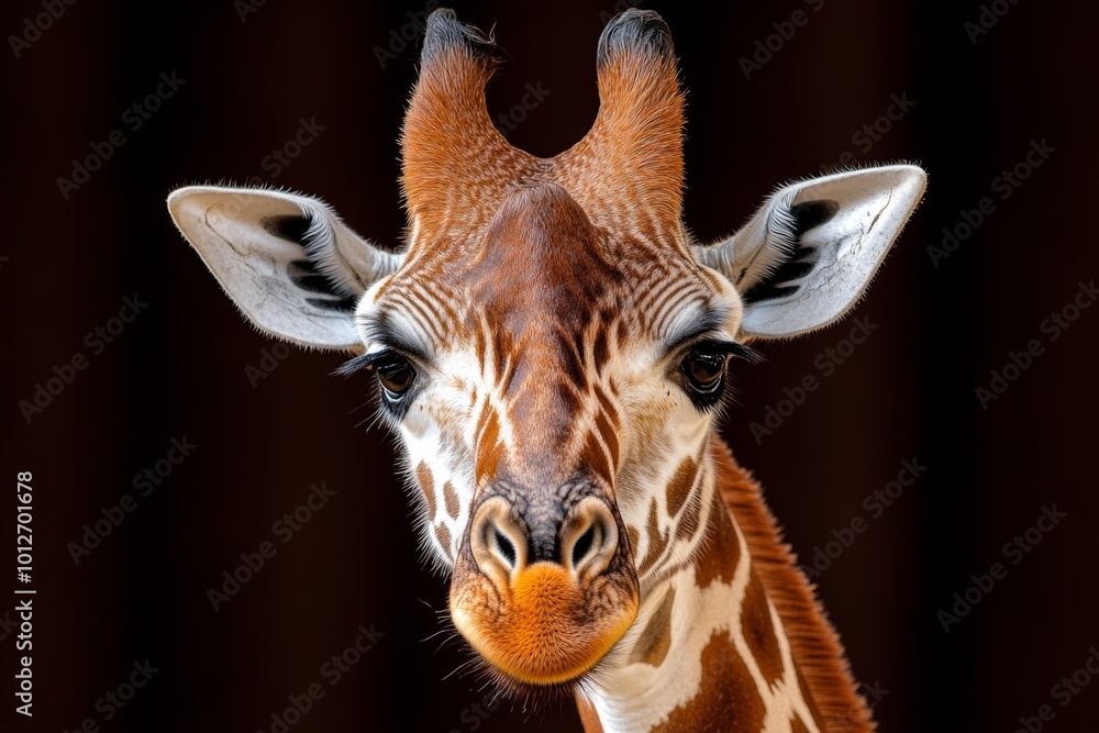 A close-up of a giraffe's distinctive spotted coat and long lashes ...